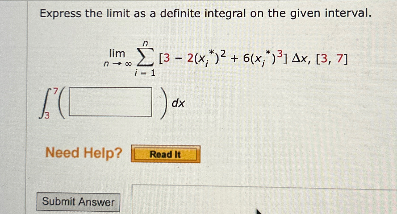 Solved Express the limit as a definite integral on the given | Chegg.com
