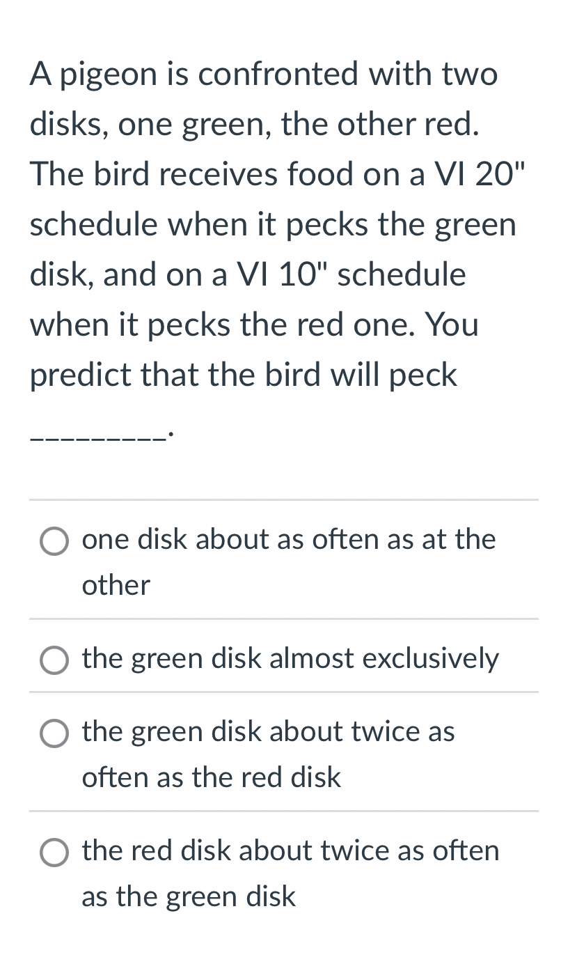 Solved A pigeon is confronted with two disks, one green, the | Chegg.com