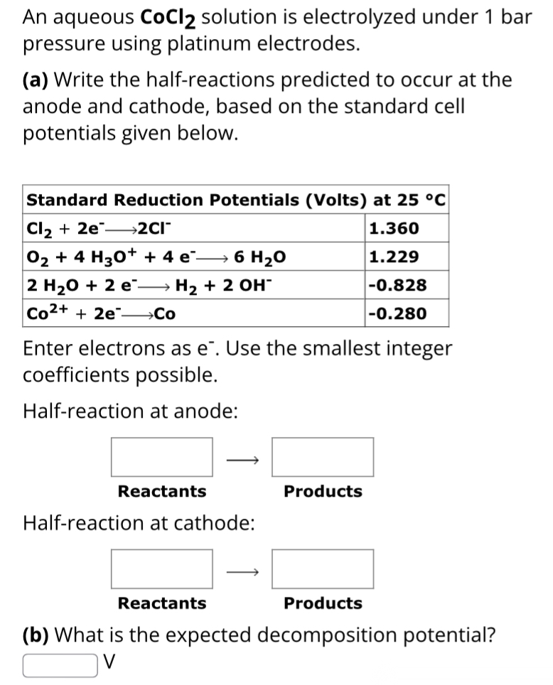 Solved An aqueous CoCl2 ﻿solution is electrolyzed under 1 | Chegg.com