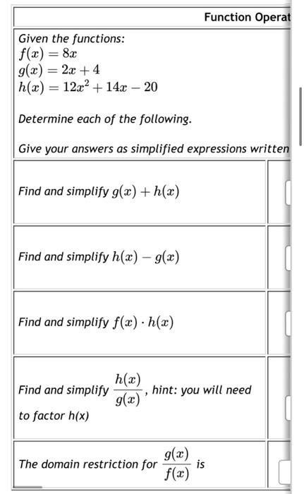 Solved Function Operat Given the functions: | Chegg.com