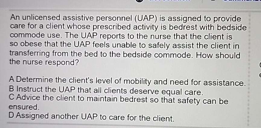Solved An unlicensed assistive personnel (UAP) ﻿is assigned | Chegg.com
