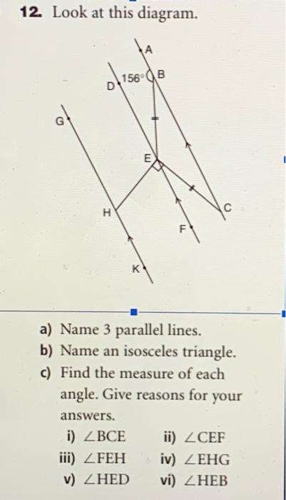 Solved 12. Look at this diagram. a) Name 3 parallel lines. | Chegg.com