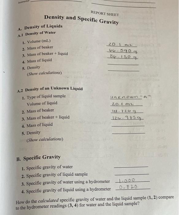 Solved Instructor REPORT SHEET Density and Specific Gravity | Chegg.com