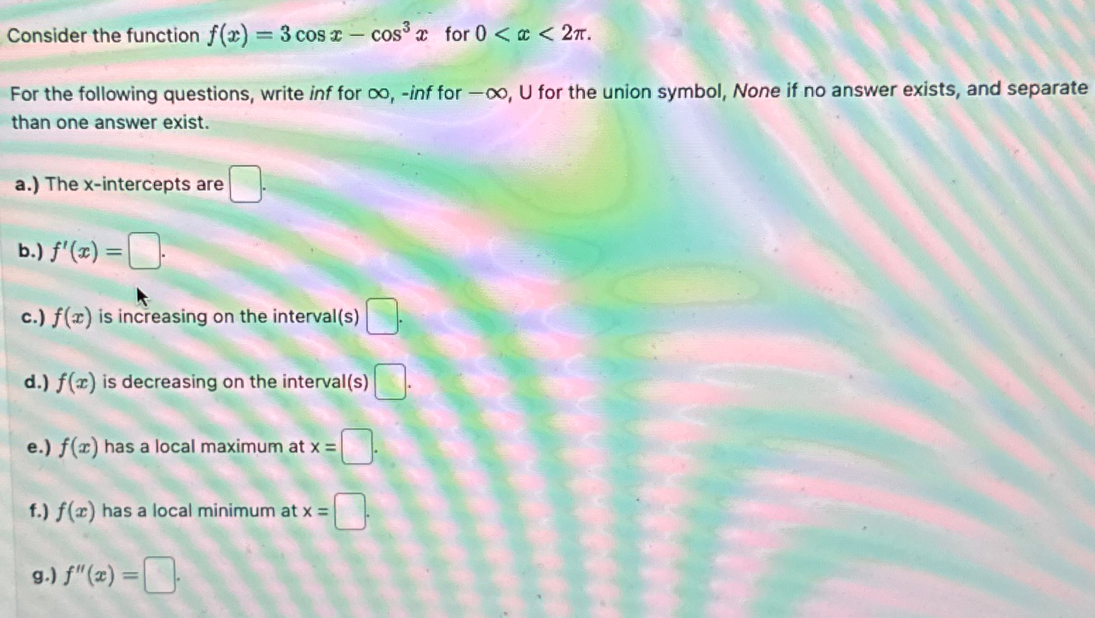 Solved Consider the function f(x)=3cosx-cos3x ﻿for 0\pi For | Chegg.com