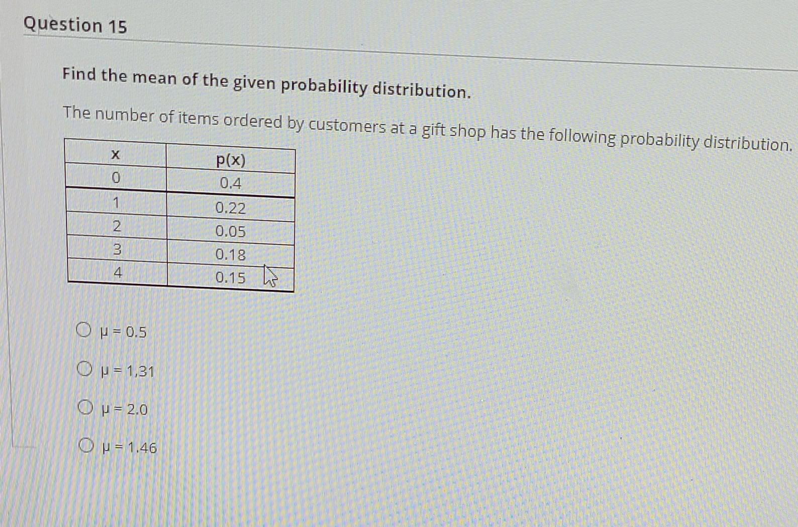 Solved Question 15 Find the mean of the given probability | Chegg.com