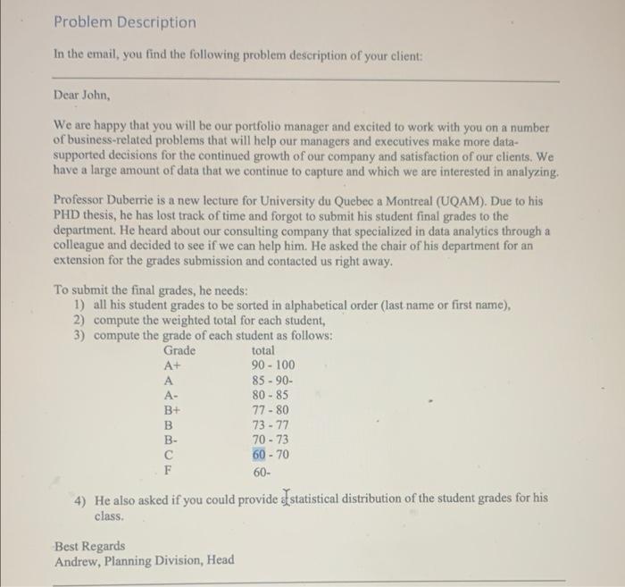 Solved Problem Description In the email, you find the | Chegg.com