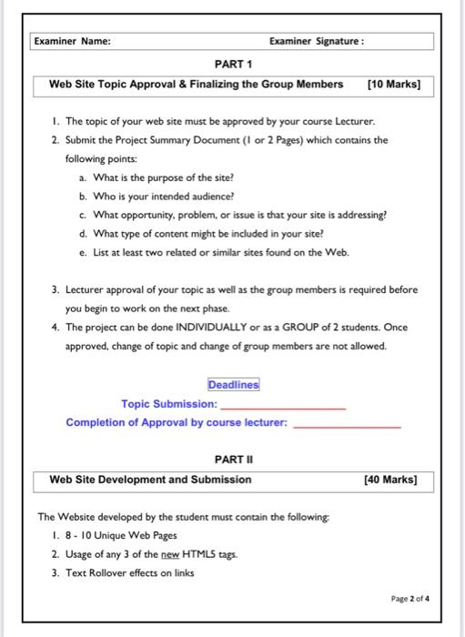 Examiner Name: Examiner Signature: PART 1 Web Site | Chegg.com