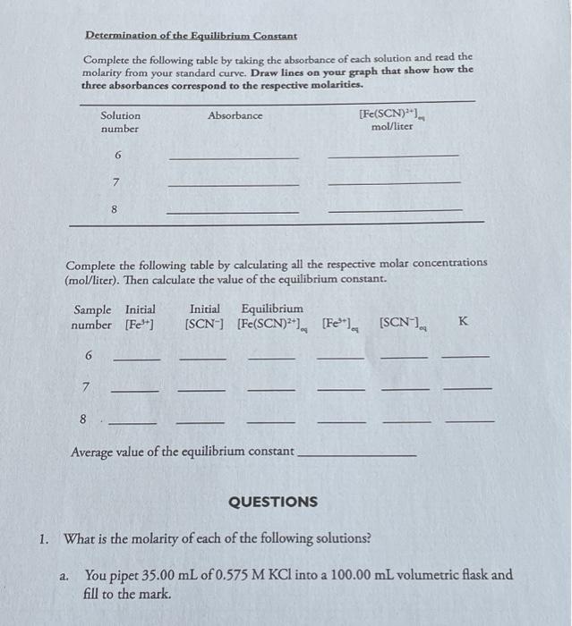 Solved Equilibrium ConstantTable 2. Composition of Solution | Chegg.com