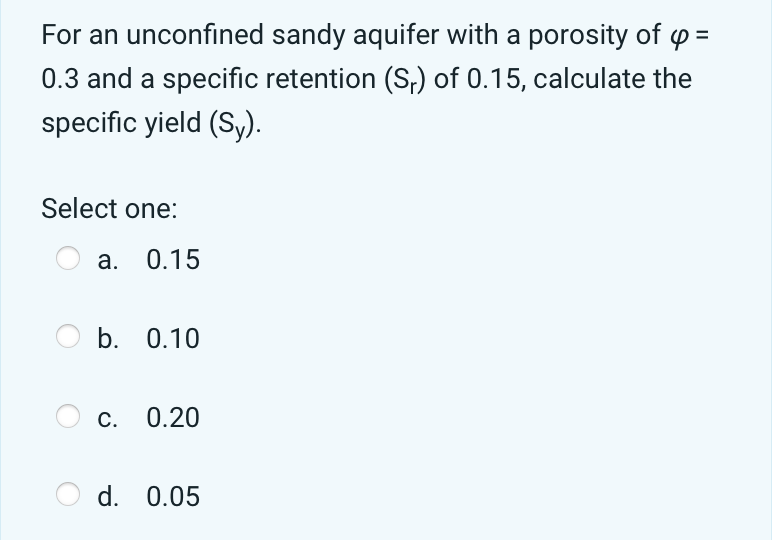 Solved For an unconfined sandy aquifer with a porosity of | Chegg.com