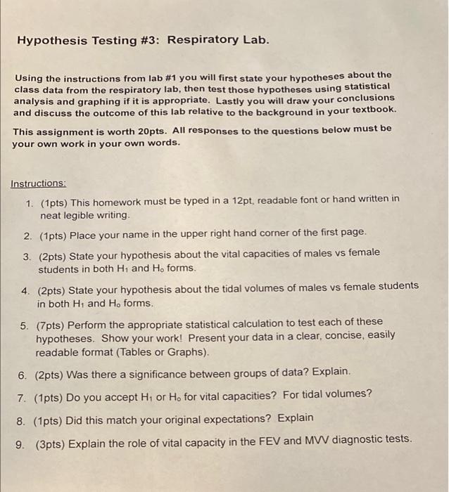 Solved Hypothesis Testing #3: Respiratory Lab. Using the | Chegg.com