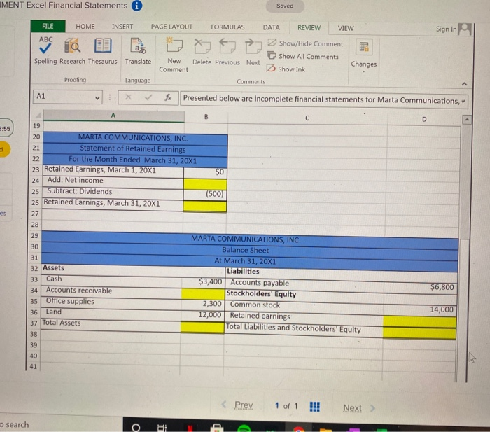 Solved Excel Financial Statements "All answers must be | Chegg.com