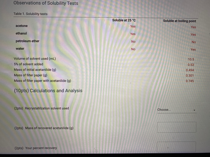 Solved Observations of Solubility Tests Table 1. Solubility | Chegg.com