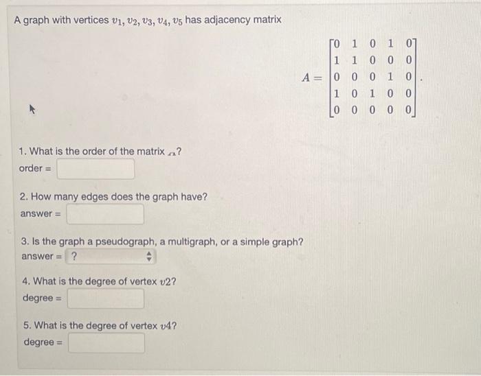 Solved A graph with vertices v1,v2,v3,v4,v5 has adjacency | Chegg.com