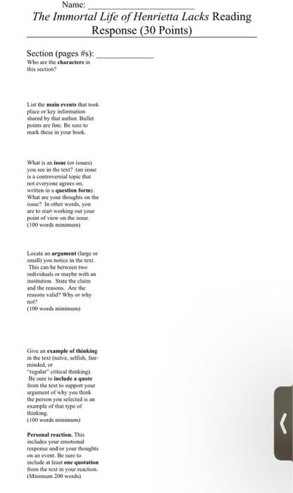 Name: The Immortal Life of Henrietta Lacks Reading | Chegg.com