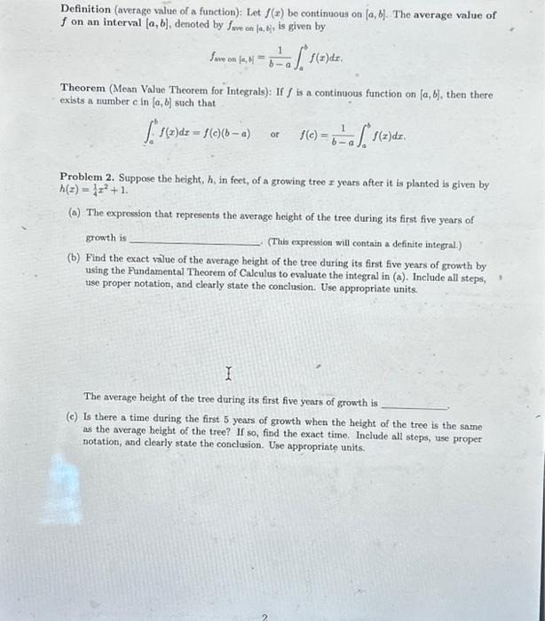 Solved Definition (average value of a function): Let f(x) be | Chegg.com