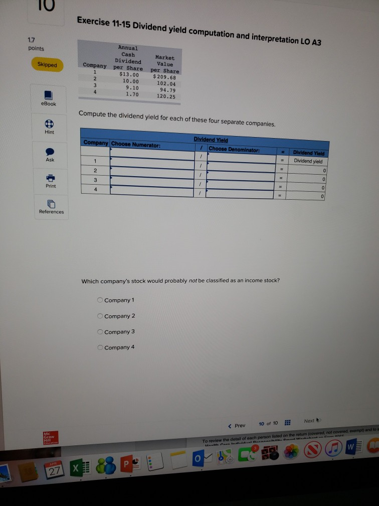 Solved Exercise 11-15 Dividend yield computation and | Chegg.com