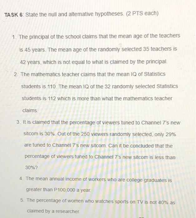 Solved Task 6 State The Null And Alternative Hypotheses 2