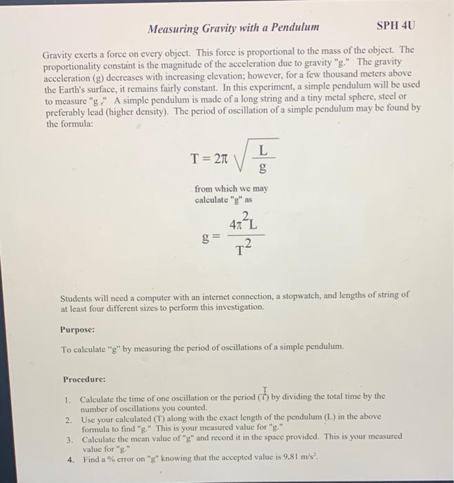 Solved Measuring Gravity with a Pendulum SPH 4U Gravity | Chegg.com