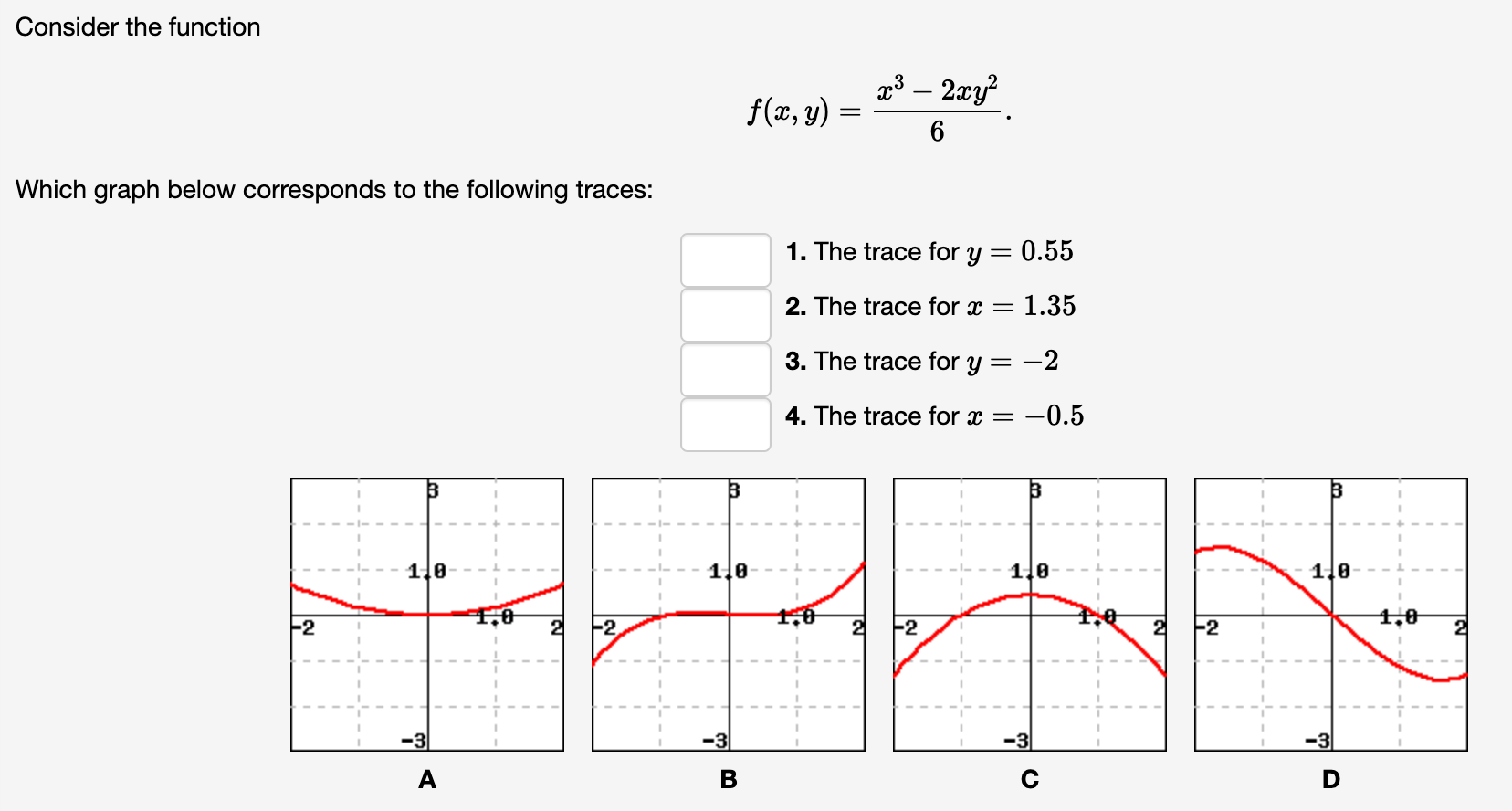 Solved Consider the functionf(x,y)=x3-2xy26Which graph below | Chegg.com