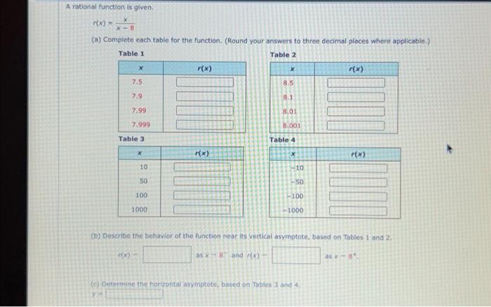 Solved A rational function is given. r(x)=x−8x (a) Complete | Chegg.com