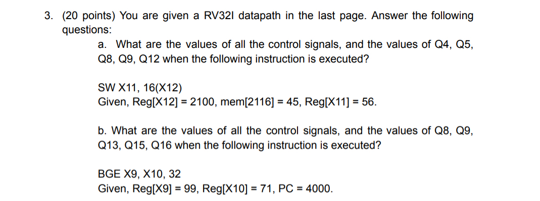 Solved (20 ﻿points) ﻿You are given a RV32I datapath in the | Chegg.com