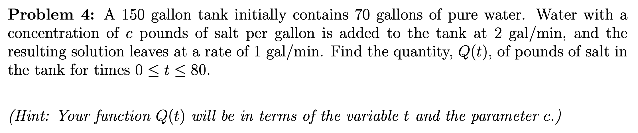 Solved Problem 4: A 150 ﻿gallon tank initially contains 70 | Chegg.com