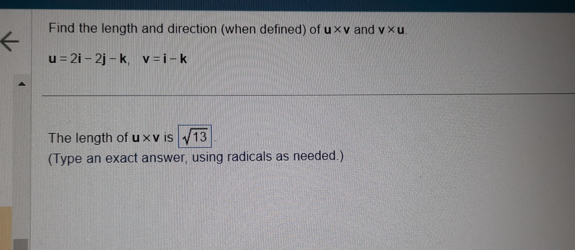 Find the length and direction (when defined) ﻿of u×v | Chegg.com