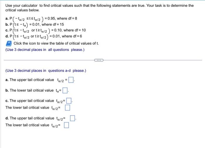 Solved Use your calculator to find critical values such that | Chegg.com