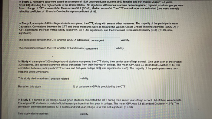Solved In Study 2, normative data were based on a sample of | Chegg.com