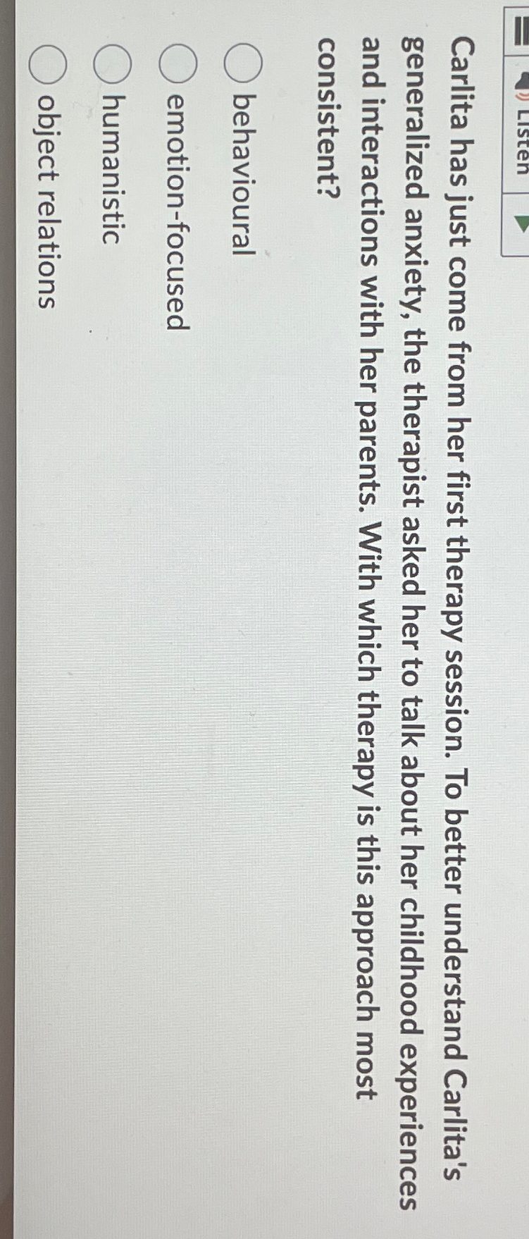 Solved Carlita has just come from her first therapy session. | Chegg.com
