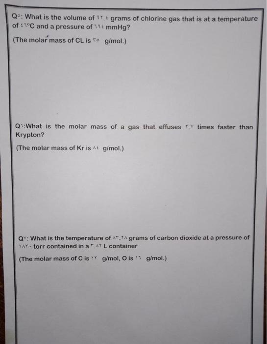 Qº: What is the volume of i grams of chlorine gas | Chegg.com
