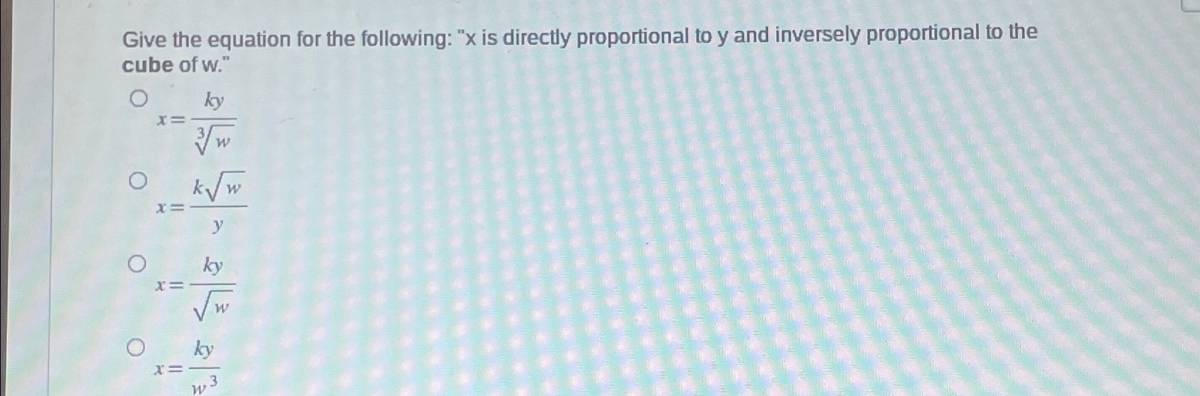 Solved Give the equation for the following: " x ﻿is directly | Chegg.com