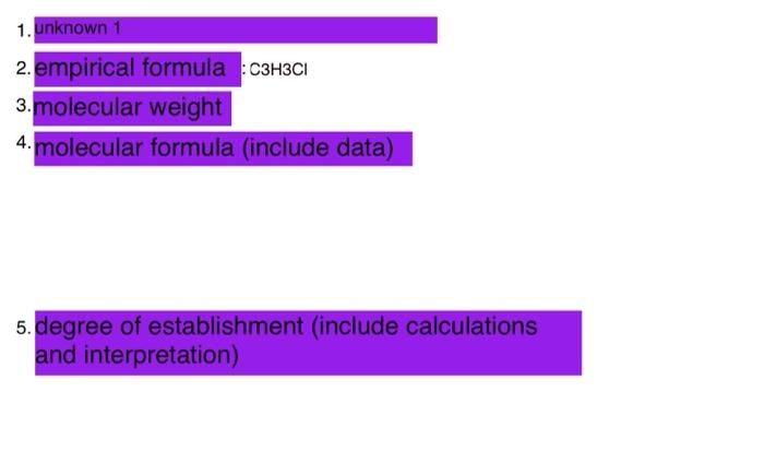 Solved 1. unknown 1 2.empirical formula : C3H3Cl 3. | Chegg.com
