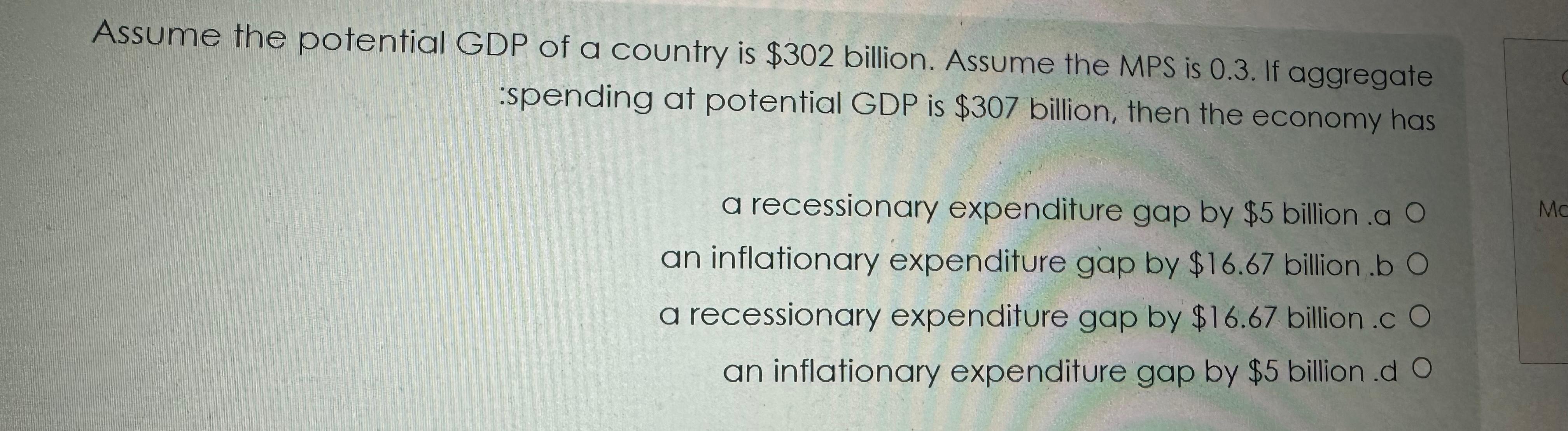 Solved Assume the potential GDP of a country is $302 | Chegg.com