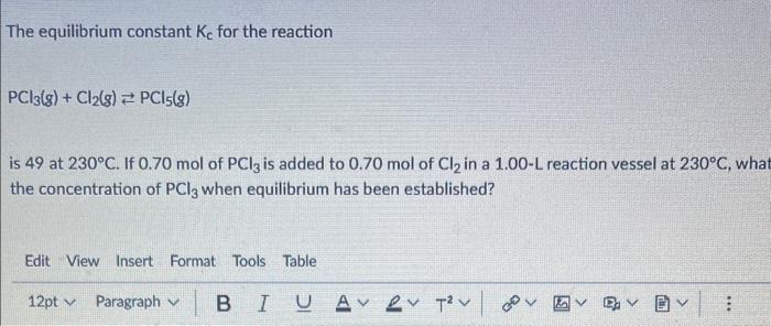 Solved The equilibrium constant Kc for the reaction PCl3( | Chegg.com