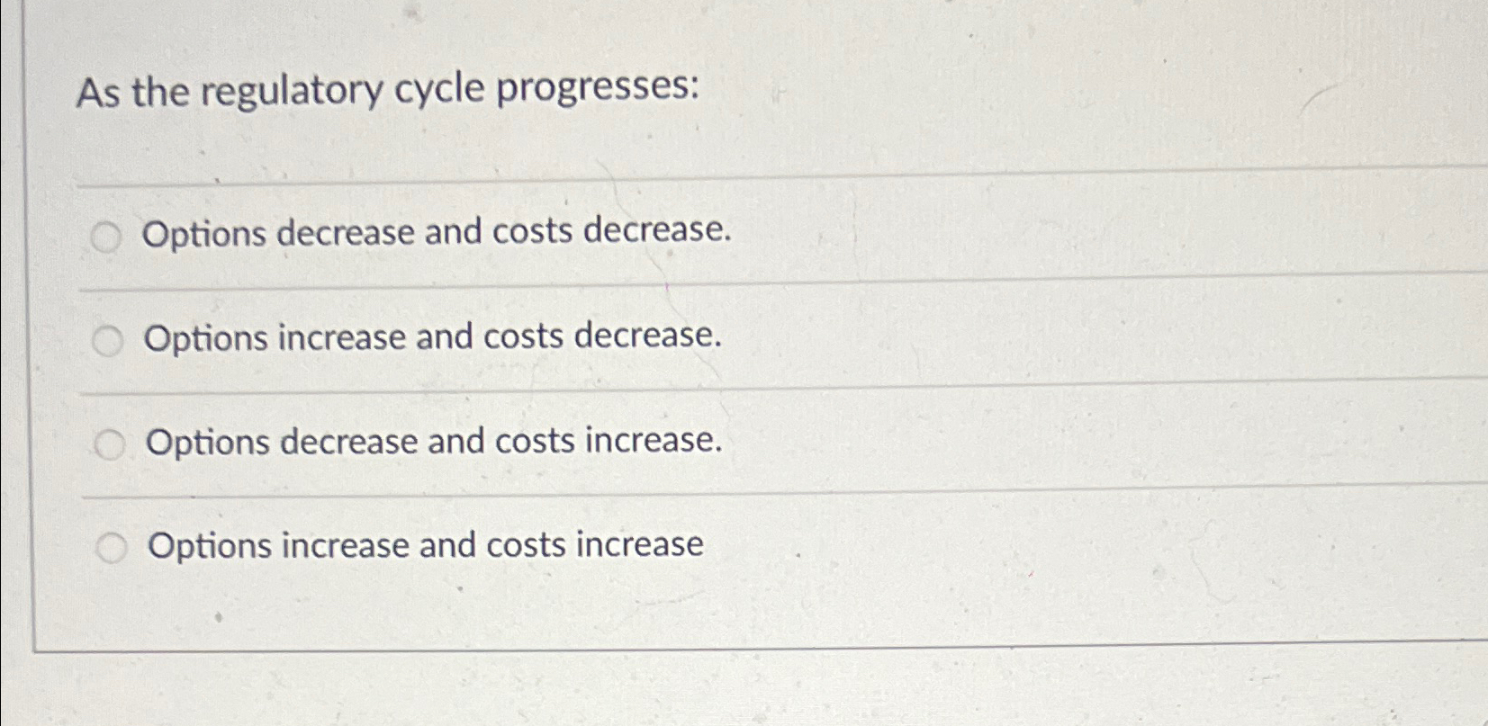 Solved As the regulatory cycle progresses:Options decrease | Chegg.com
