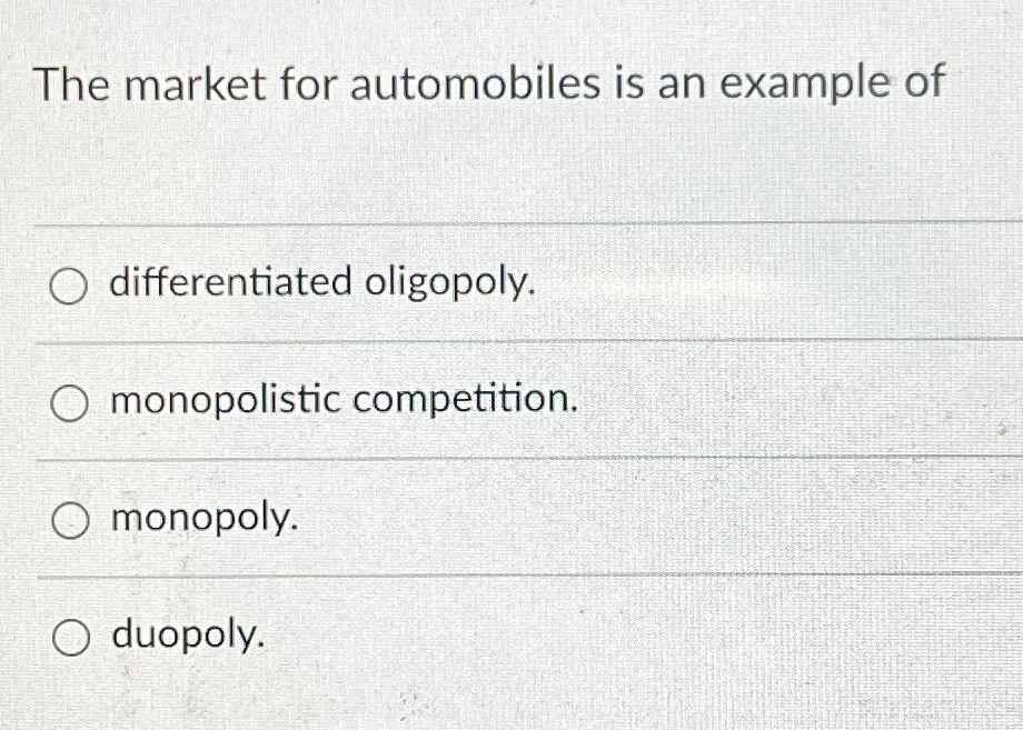 Solved The market for automobiles is an example | Chegg.com
