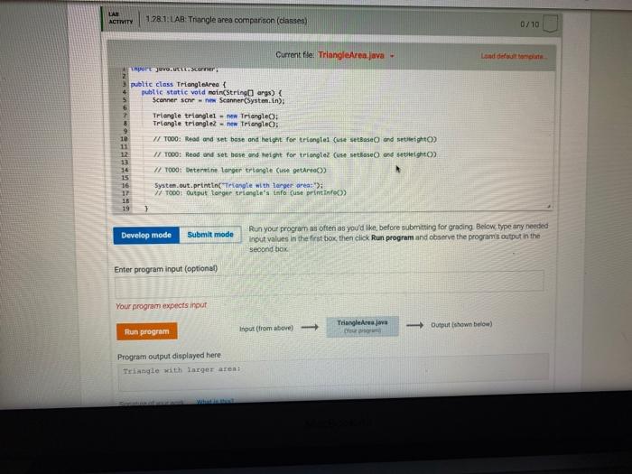 Solved 1.28 LAB: Triangle area comparison (classes) Given | Chegg.com Solved 1.28 LAB: Triangle area comparison (classes) Given | Chegg.com