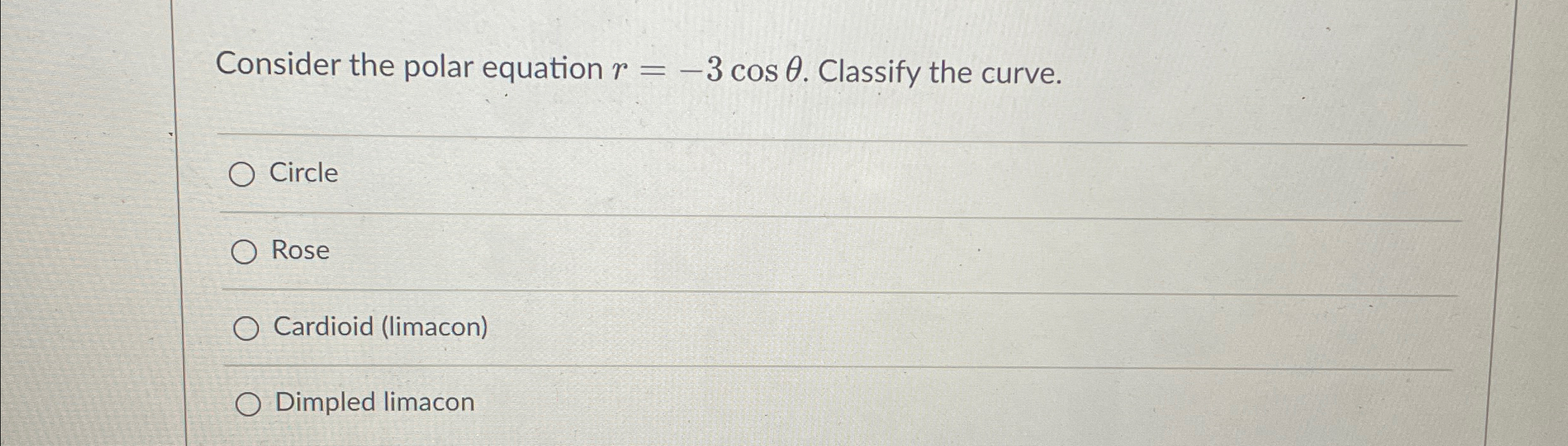 Solved Consider the polar equation r=-3cosθ. ﻿Classify the | Chegg.com