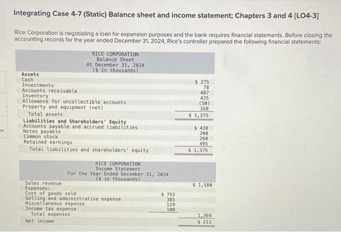 Solved Integrating Case 4-7 (Static) Balance sheet and | Chegg.com