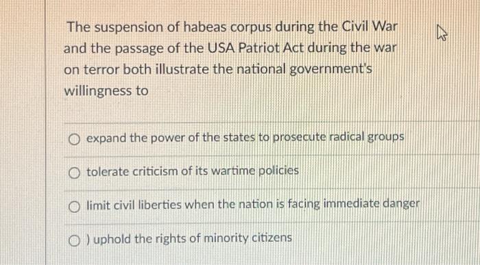 The suspension of habeas corpus during the Civil War | Chegg.com