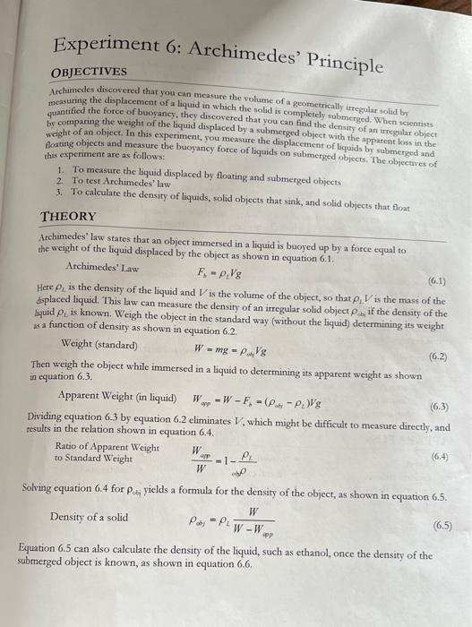 Solved OBJECTIVES 0. Archimedes' Principle Archimedes | Chegg.com