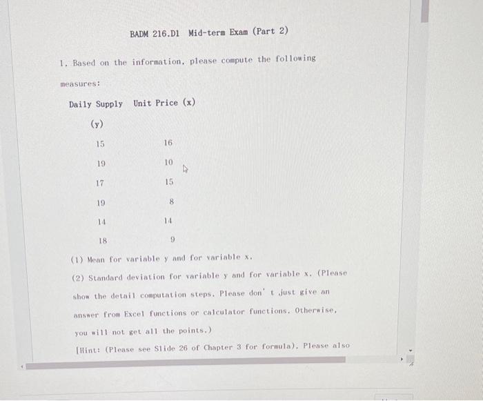 Solved 1. Based on the information, please compute the | Chegg.com