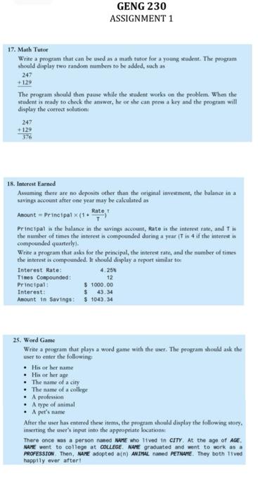Solved GENG 230 ASSIGNMENT 1 17. Math Tutor Write a program | Chegg.com