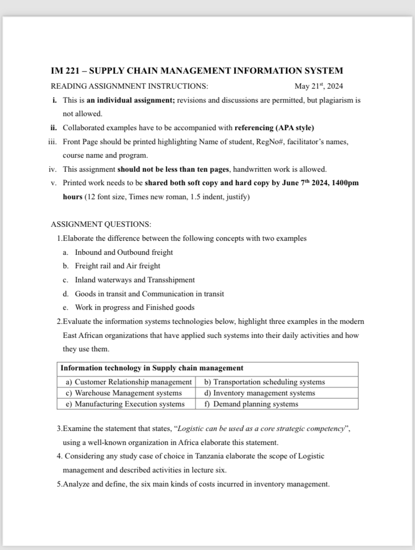 Solved IM 221 - ﻿SUPPLY CHAIN MANAGEMENT INFORMATION | Chegg.com