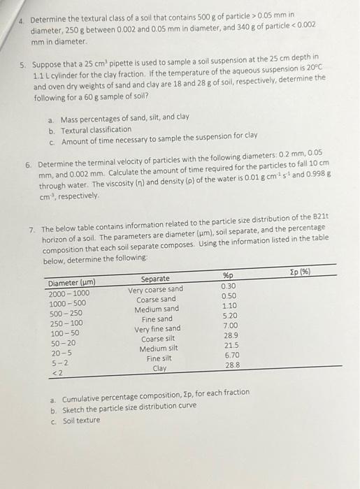 Solved 4. Determine the textural class of a soil that | Chegg.com
