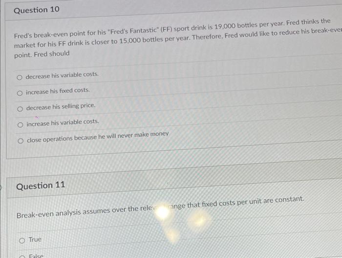 Solved Fred's break-even point for his "Fred's Fantastic" | Chegg.com