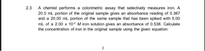 Solved 3 A chemist performs a colorimetric assay that | Chegg.com
