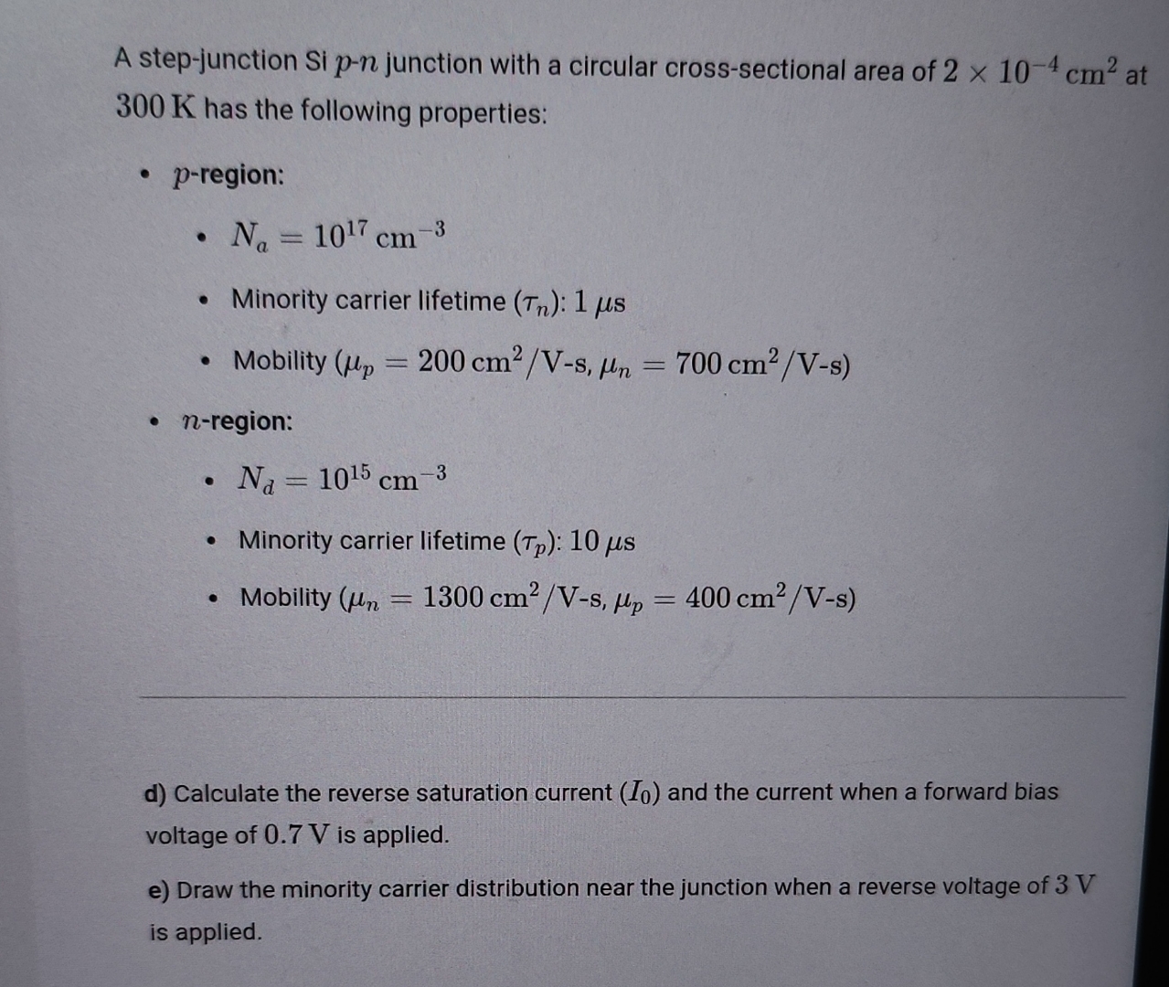 Solved A step-junction si p - n ﻿junction with a circular | Chegg.com