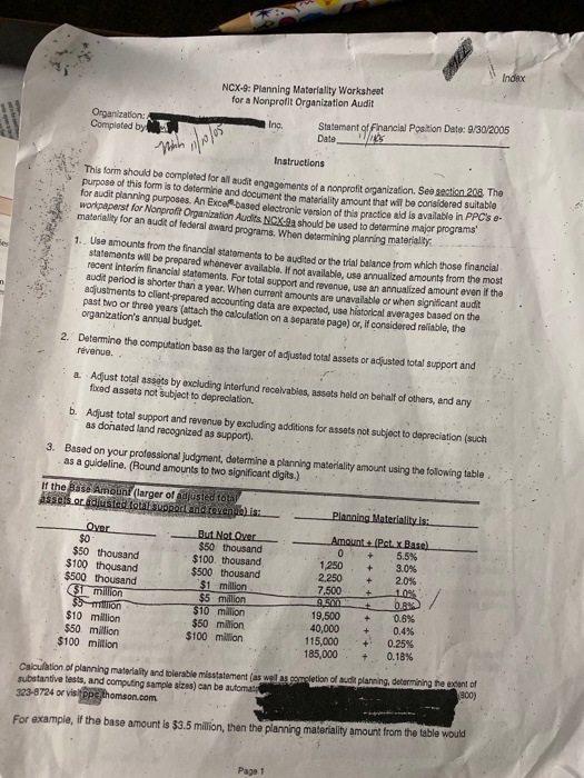 Index NCX-9: Planning Materiality Worksheet for a | Chegg.com